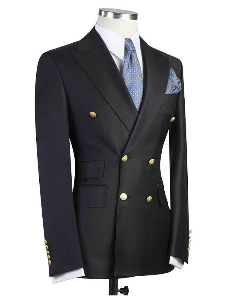 Stylish Black Peak Lapel Double Breasted Gold Button Wedding Suit – zarayee